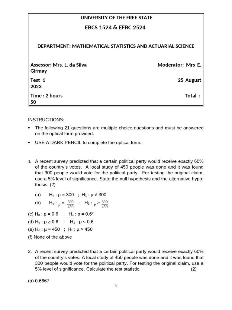 Statistical Test Questions for UFS Exam | PDF | Statistical ...