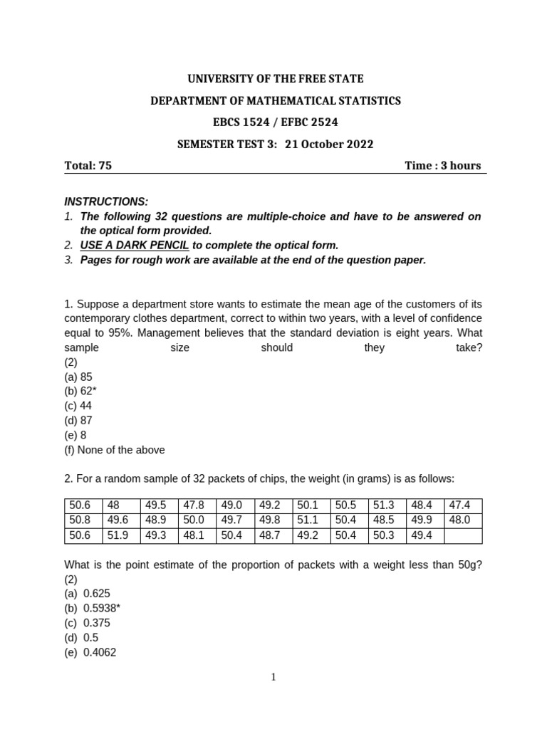 Test 3 Ebcs 2022 Sem2 Memo | PDF | Statistical Significance ...