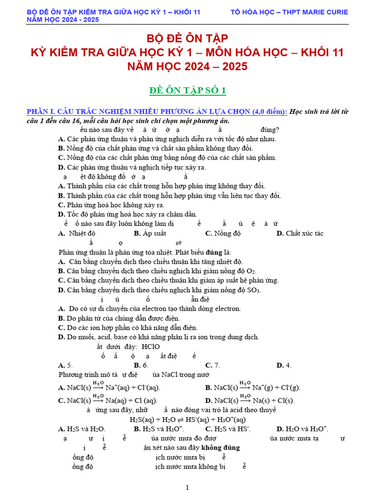 ĐỀ ÔN TẬP KT GIỮA HK1 HÓA 11 2024 2025 HS | PDF