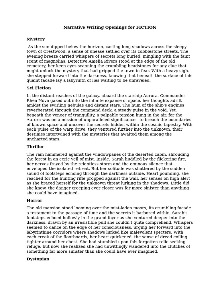 Narrative Writing Openings For FICTION | PDF