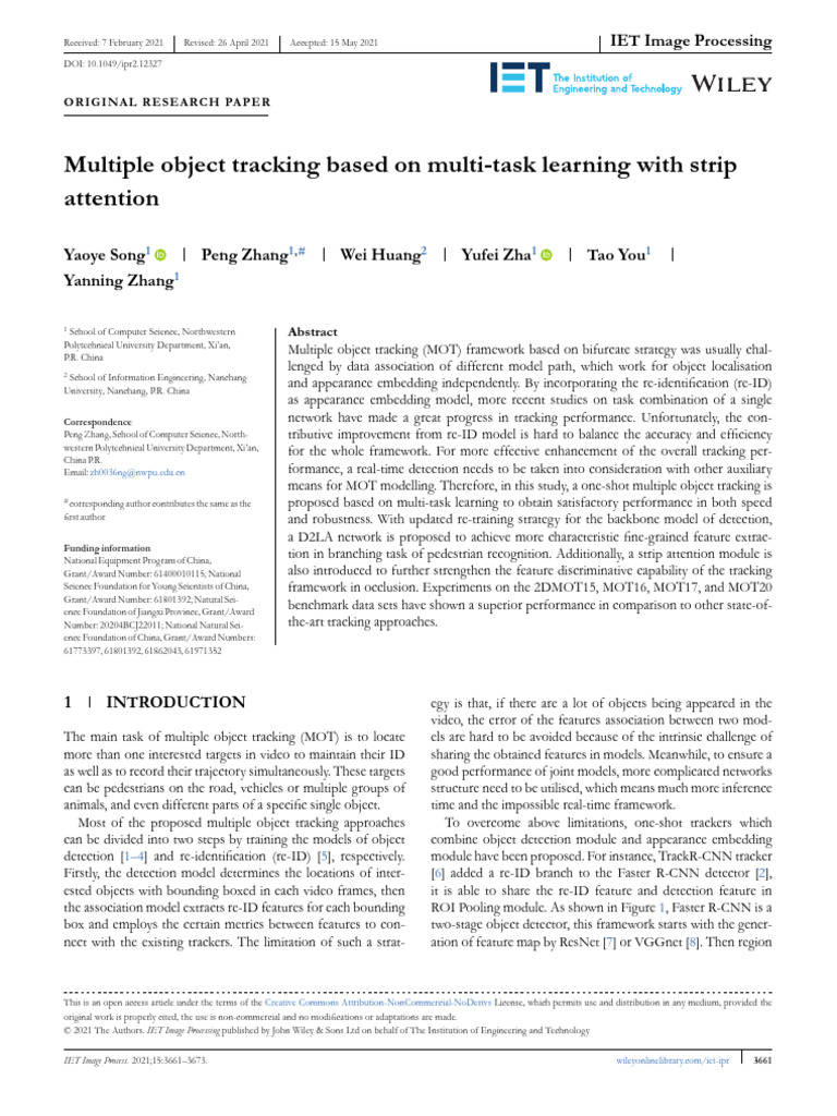 IET Image Processing - 2021 - Song - Multiple Object Tracking Based On Multi Task Learning With ...