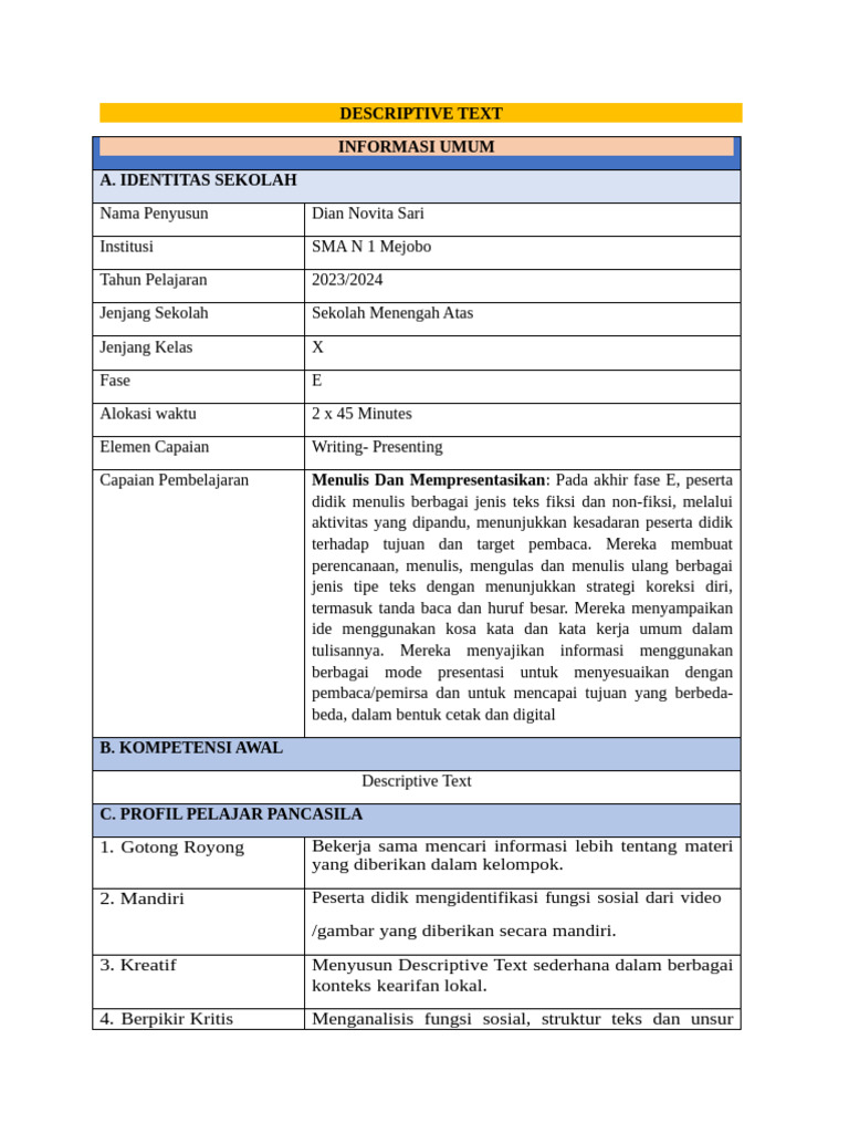 Draft Modul Ajar DESCRIPTIVE TEXT - WPS Office | PDF | Karier & Perkembangan