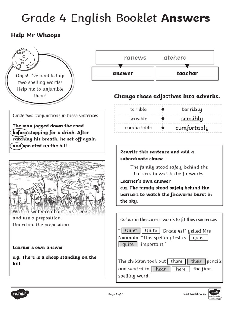 Grade 4 Back To School English Booklet Answers | PDF | English Language ...
