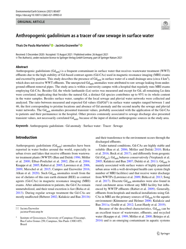 Marteleto & Enzweiler 2021 Anthropogenic Gadolinium As A Tracer of Raw ...