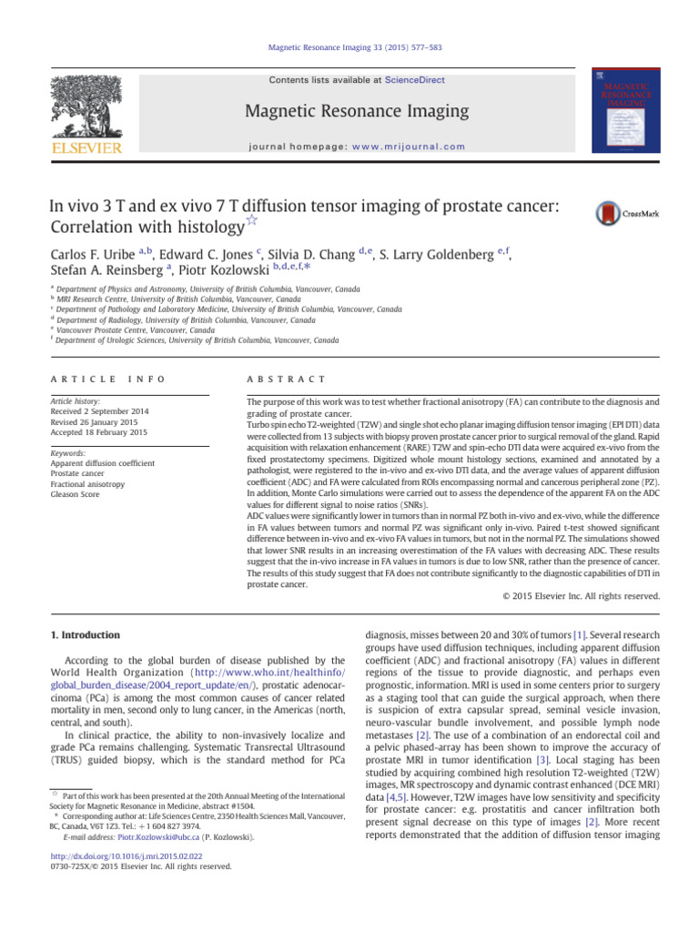 2015 - Mri - in Vivo 3 T and Ex Vivo 7 T Dti of Prostate Cancer ...