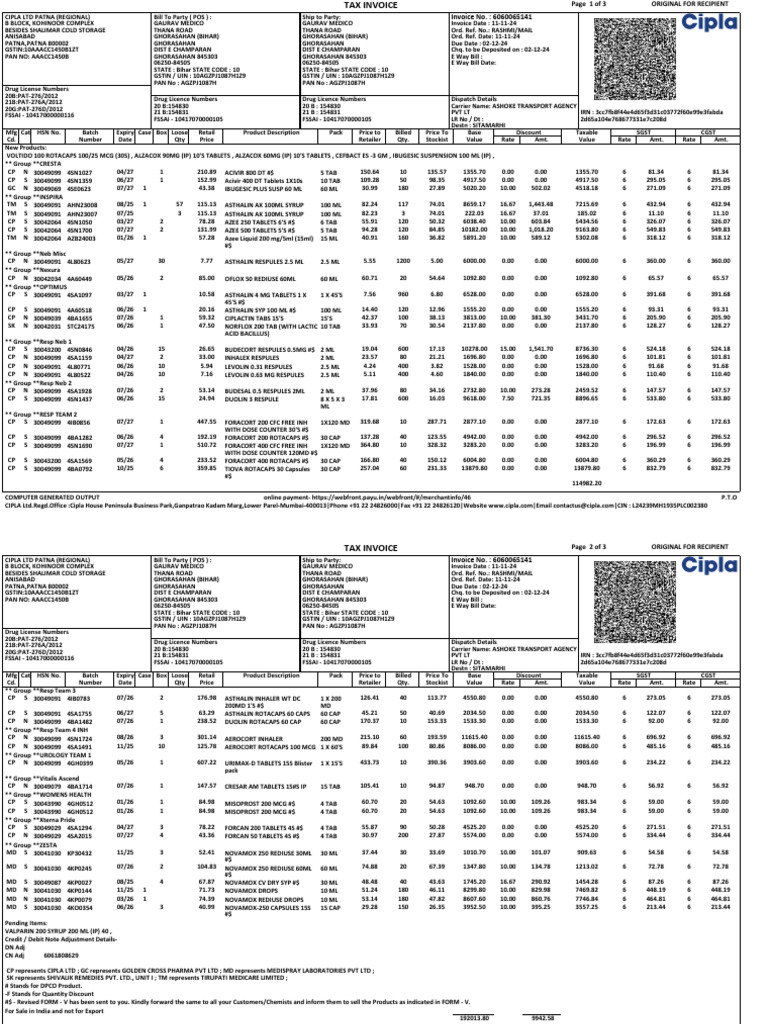 Tax Invoice for Cipla Ltd Products | PDF | Value Added Tax | Cheque