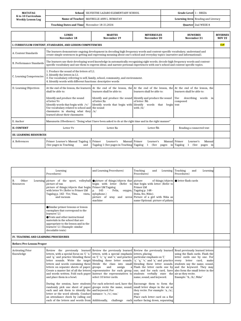 Grade 1 Reading and Literacy Q2 WK8 | PDF | Vocabulary | Curriculum