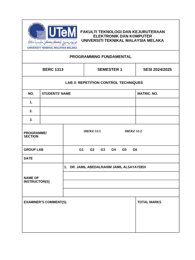 BERC 1313 Lab 3 REPETITION CONTROL - 2024 - 2025 - Sem1 | PDF | Control Flow | Computer Program