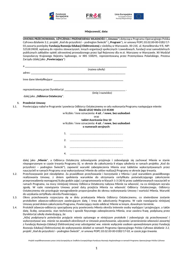 Umowa KLOCKI+TABLETY - Szkola - Świecki - Wzor | PDF