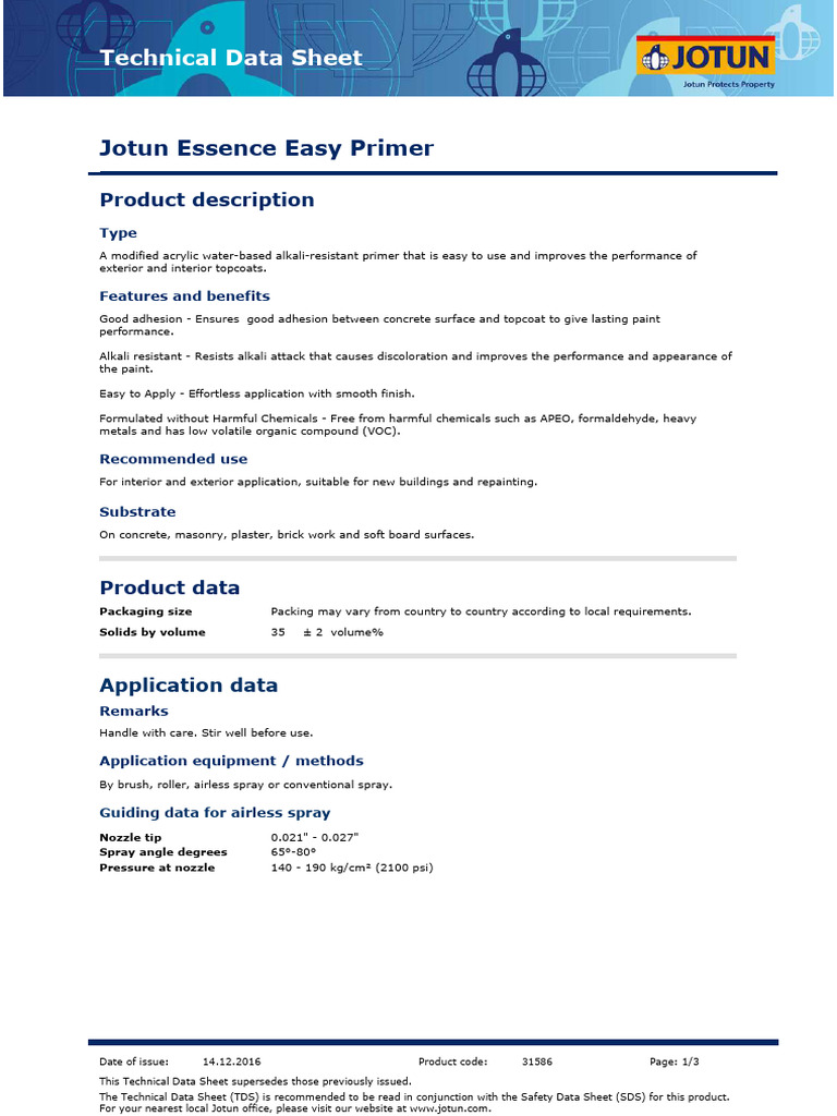 Jotun Essence Easy Primer TDS | PDF | Paint | Ventilation (Architecture)