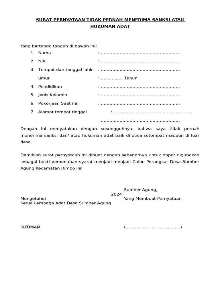 F. Surat Pernyataan Tidak Pernah Terkena Sanksi Adat | PDF | Olahraga ...