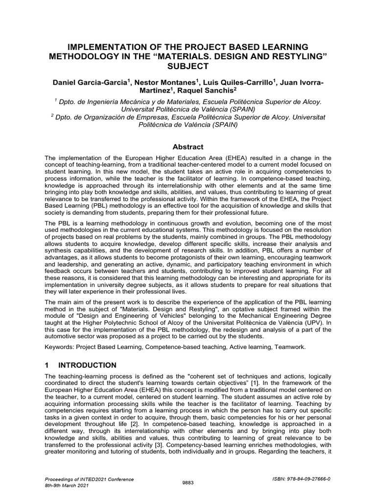 Garcia-GarciaMontanesQuiles-Carrillo - Implementation of The Project Based Learning Methodology ...