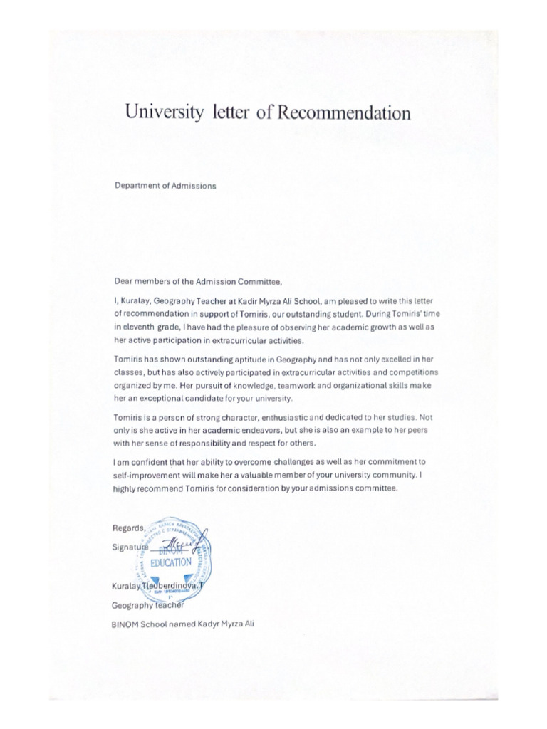 University Letter of Recommendation Saylet | PDF
