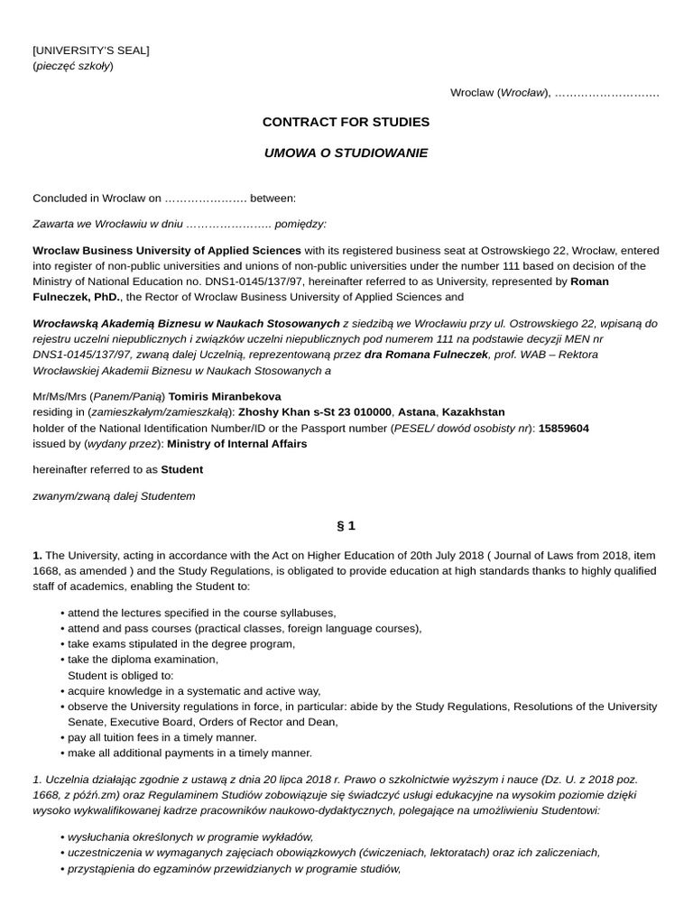 WBU - Study Contract 2024 (Tomiris Miranbekova) | PDF