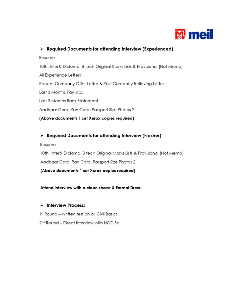 Required Documents For Attending Interview Walk in Technical (02-Nov ...
