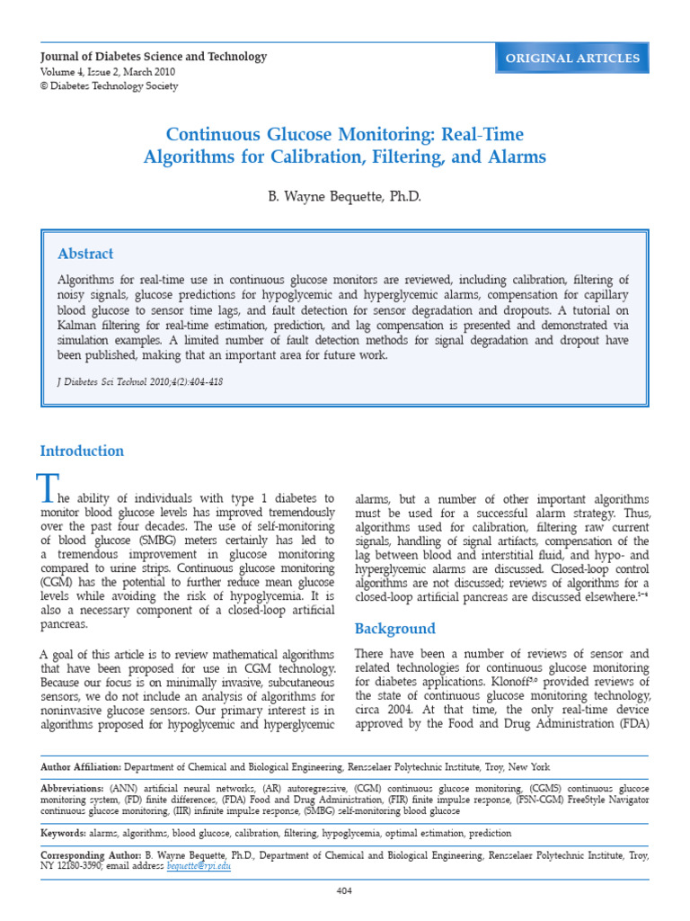 Bequette 2010 Continuous Glucose Monitoring Real Time Algorithms For Calibration Filtering and ...