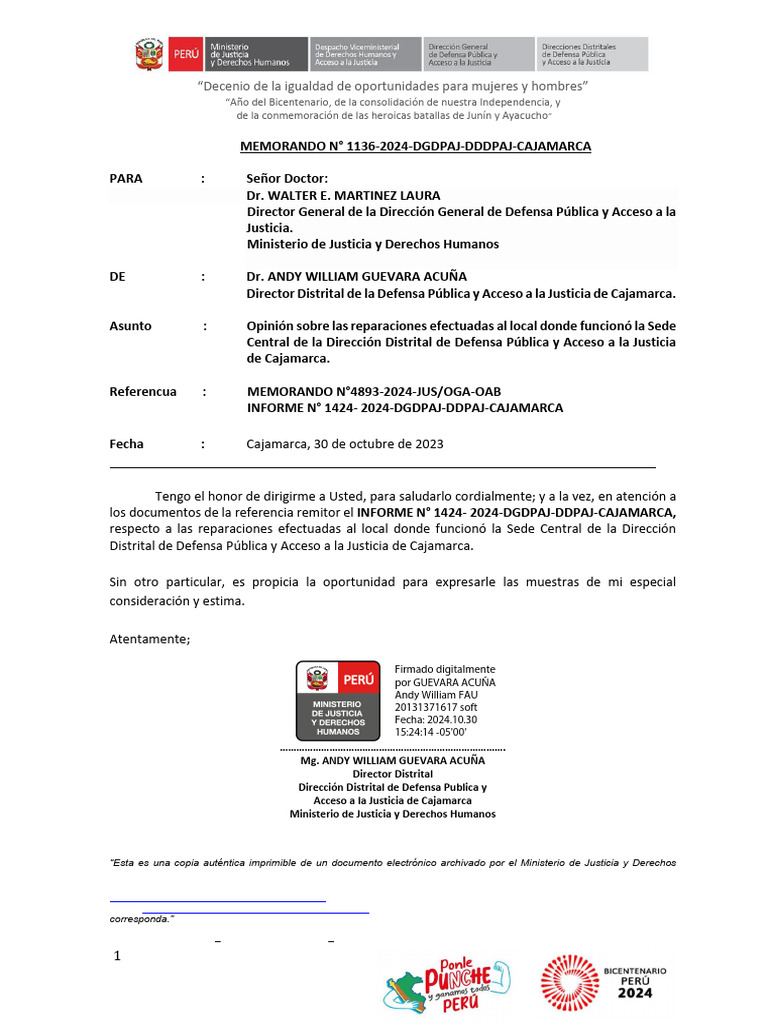 Memorando N 1136-2024-Dgdpaj-Dddpaj-Cajamarca | PDF | Justicia | Crimen y violencia