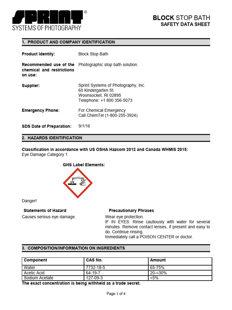 Sprint Systems of Photography Block Stop Bath Sds | PDF | Dangerous ...