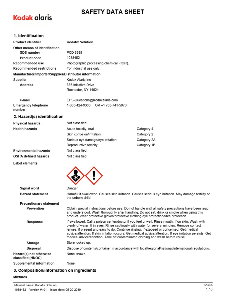 Kodak Kodafix Safety Data Sheet | PDF | Dangerous Goods | Firefighting