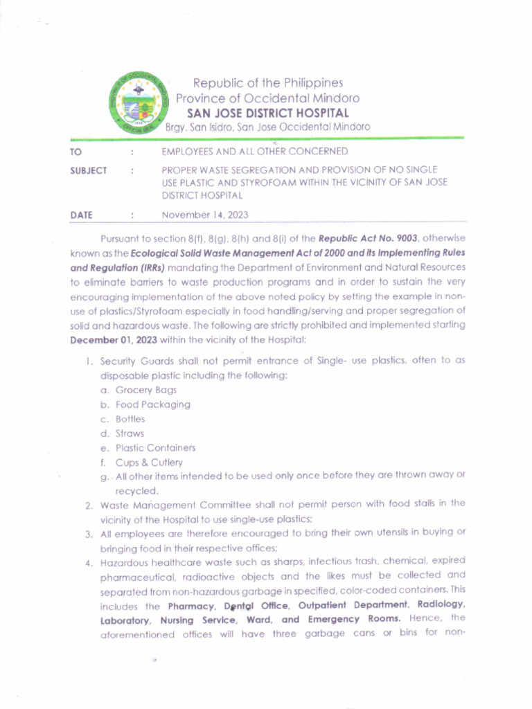 Hosp Order - Single Use Plastic | PDF