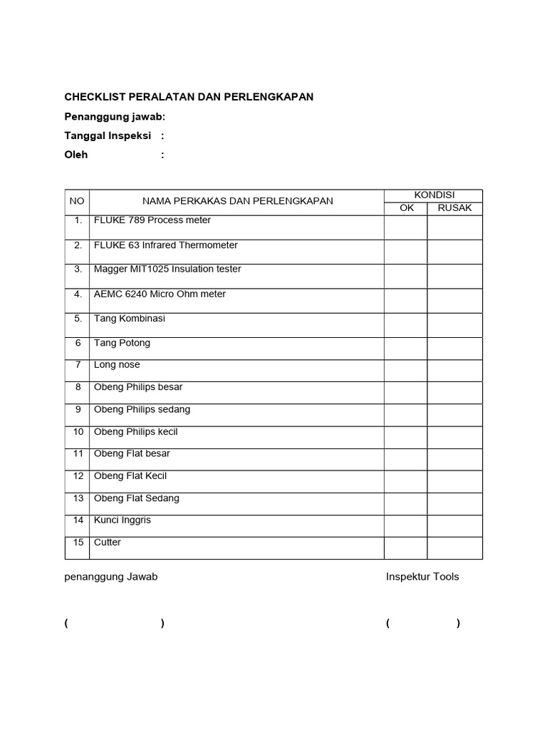 Checklist Peralatan Dan Perlengkapan Kelistrikan T | PDF | Griya & Taman