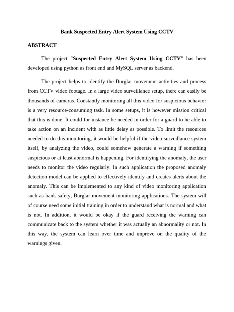 Bank Theift Entry Alert System Using CCTV | PDF