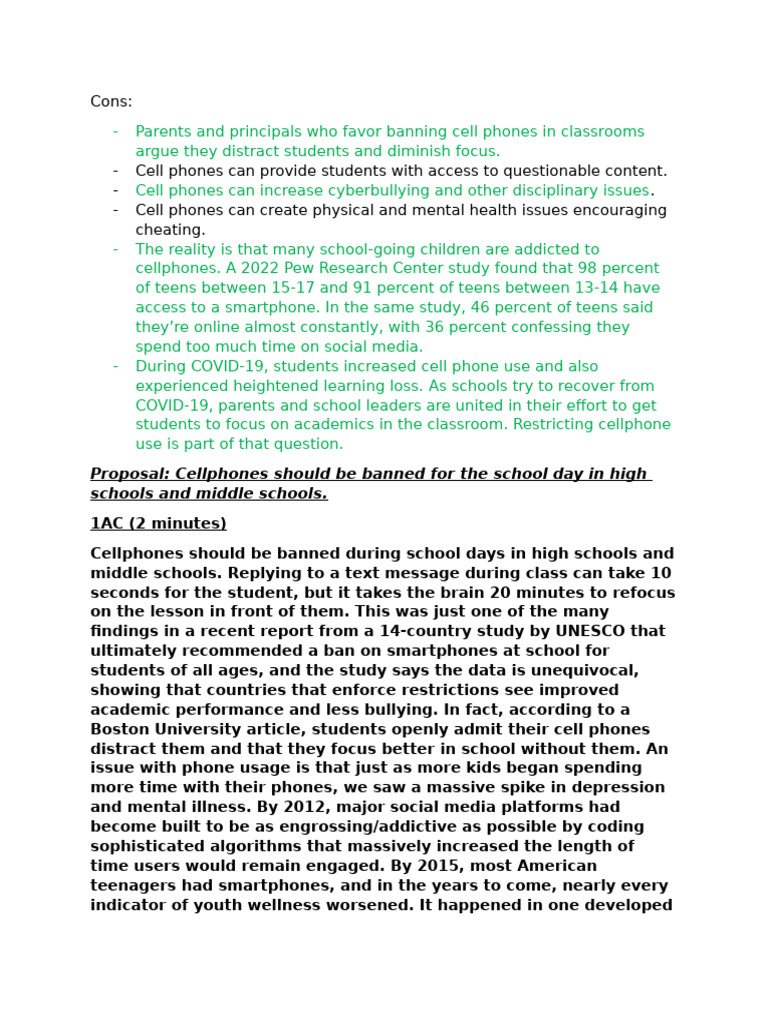 Debate Sheet For Implementation of Cellphone Usage Regulations in ...