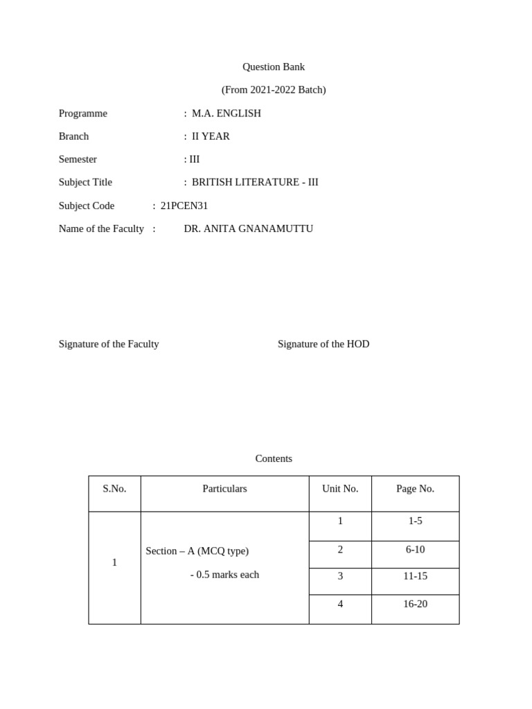 British Literature III Question Bank | PDF