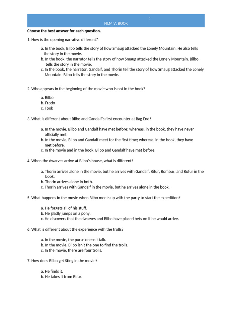 Choose The Best Answer For Each Question.: The Hobbit: An Unexpected ...