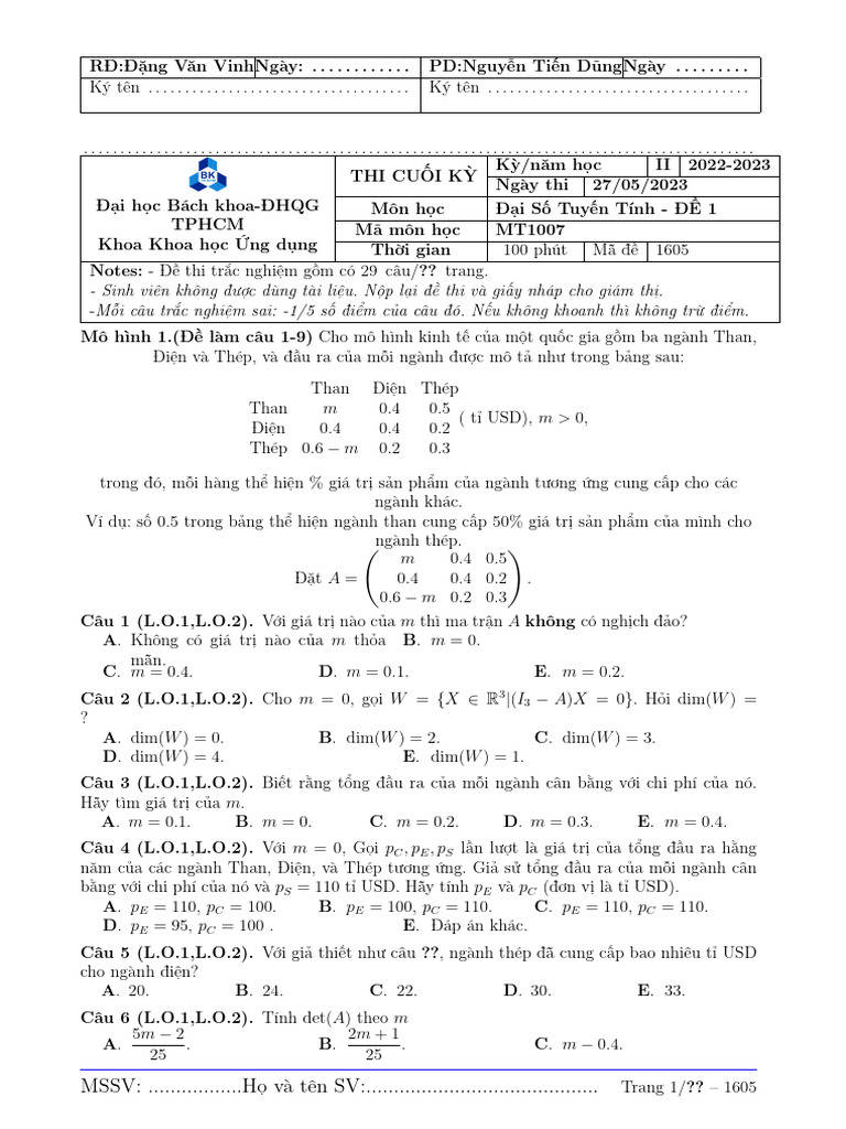 Đề thi cuối kỳ ĐSTT HK222 | PDF