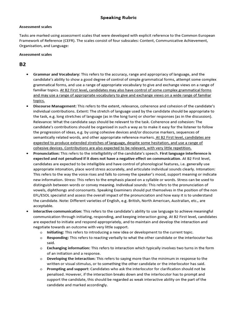 B2 Speaking Assessment Rubric Guide | PDF | Stress (Linguistics ...
