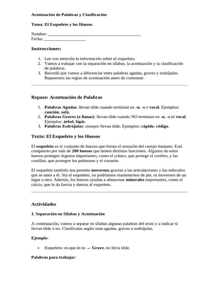 Acentuación de Palabras y Clasificación | PDF | Esqueleto | Hueso