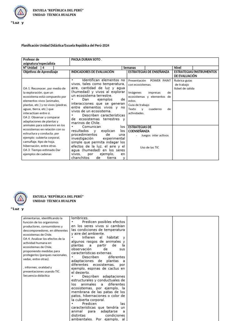 Formato De Planificación Docx Profesora Paola Pdf Ecosistema
