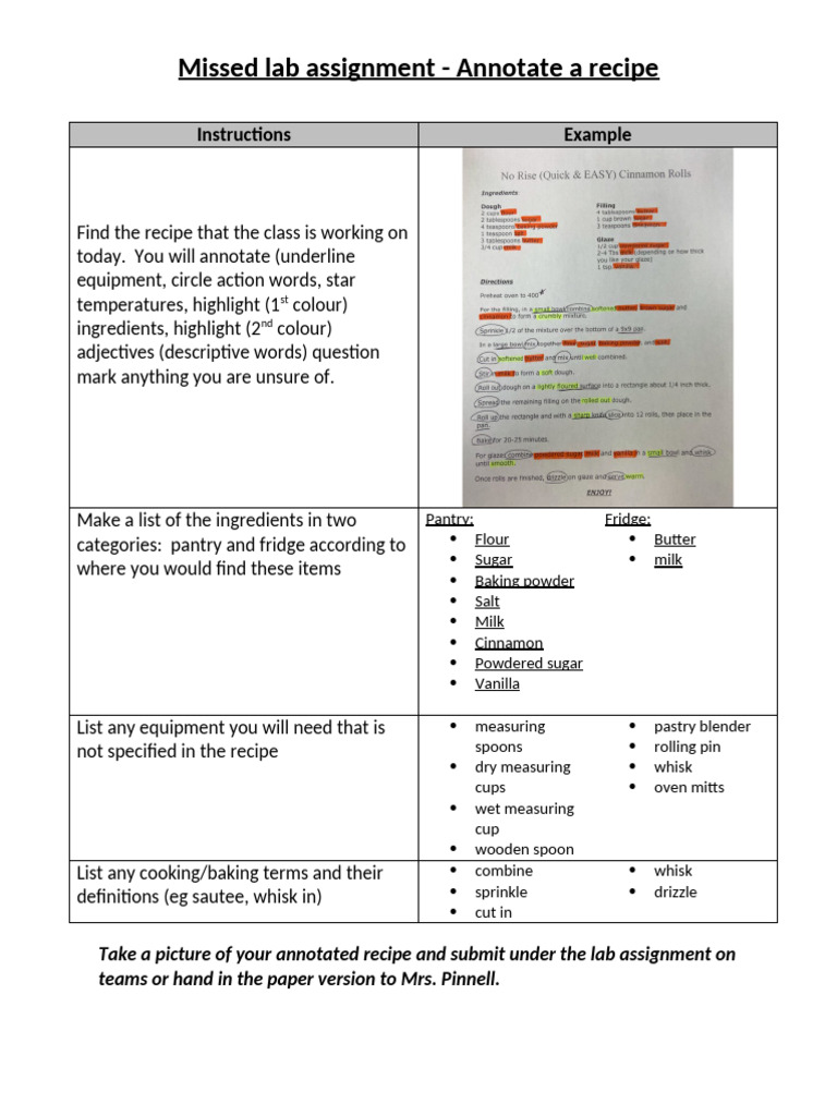 Missed Lab Assignment - Annotate A Recipe: Instructions Example | PDF
