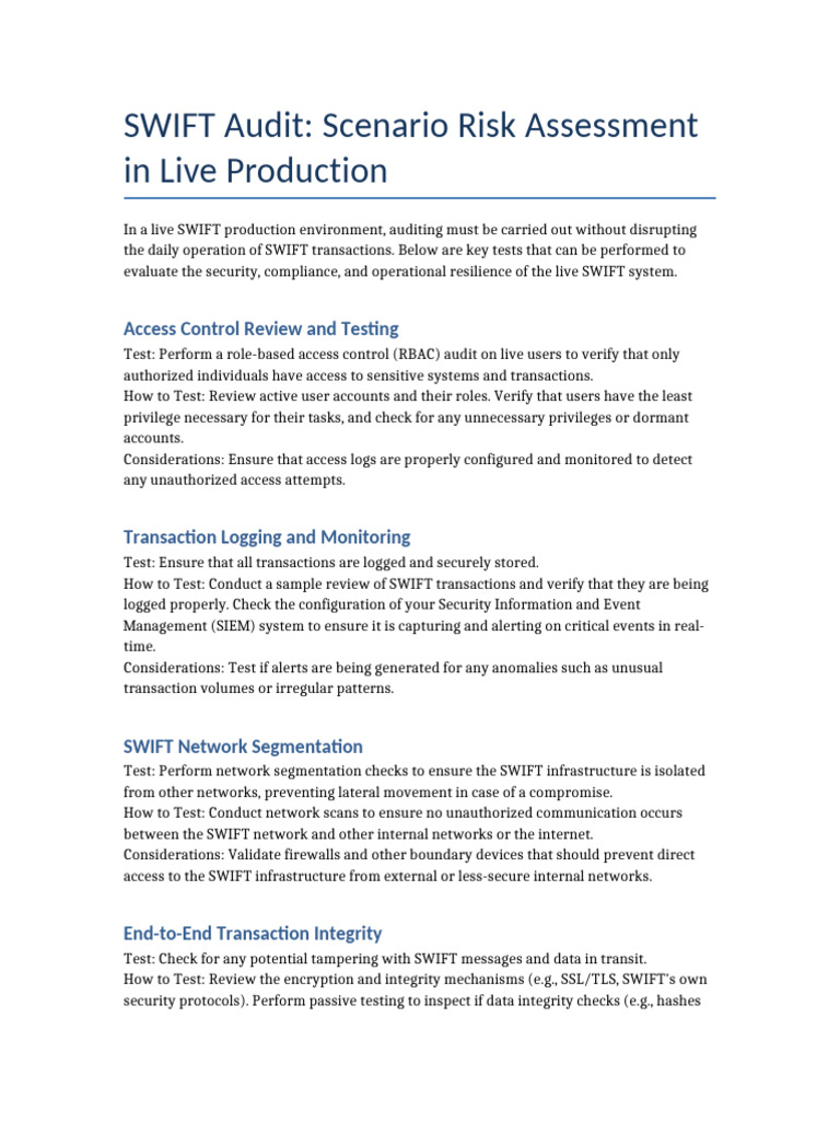 SWIFT Audit Scenario Risk Assessment | PDF | Computer Network | Computer Security