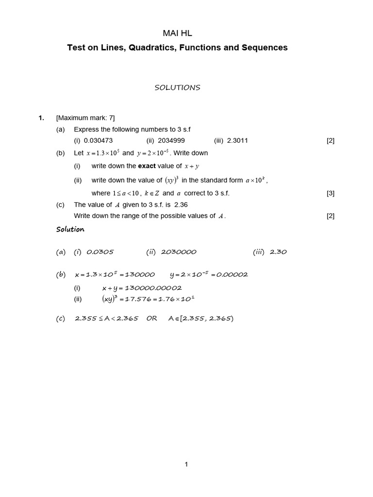 TEST 1 Lines, Quadratics, Functions, Sequences - SOLUTIONS | PDF ...