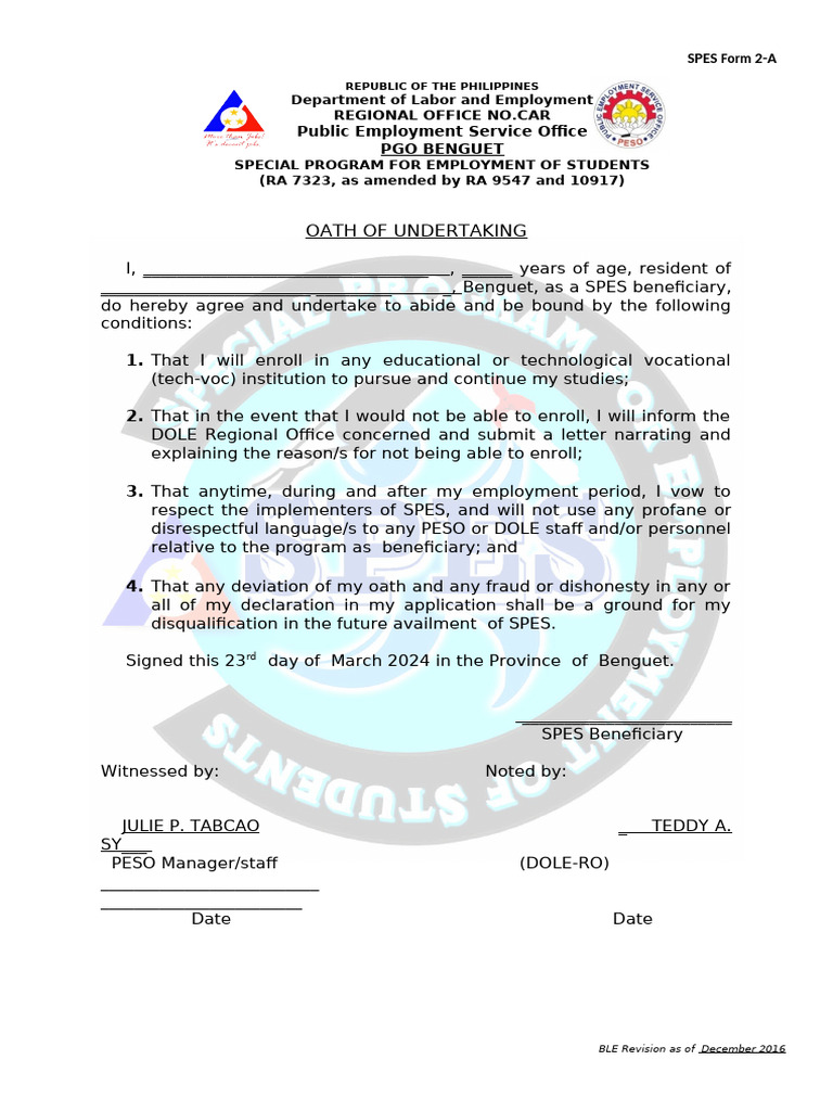 Spes Form 2a Oath of Undertaking - Final | PDF | Business | Finance & Money Management