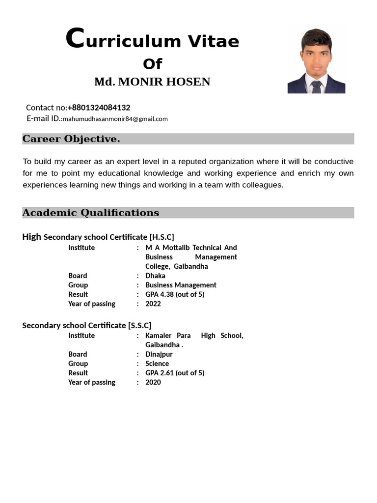 MD Monir Hosen CV | PDF | Career & Growth
