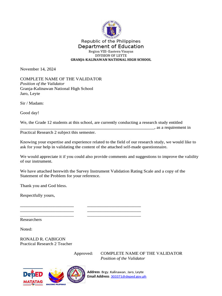 Letter Request For Research Tool Validation | PDF