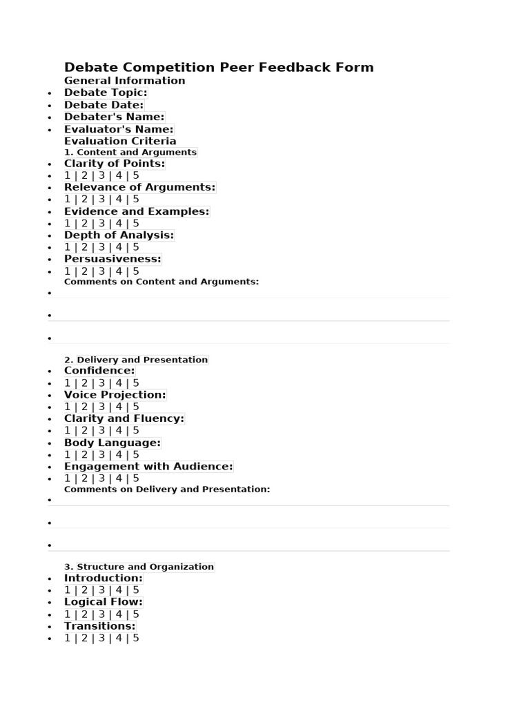 Debate Competition Peer Feedback Form | PDF