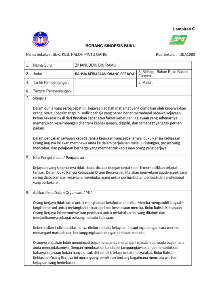 Borang Sinopsis Buku - Rahsia Kebiasaan Orang Berjaya | PDF