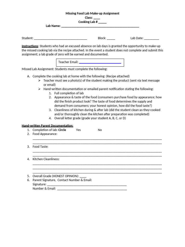 Missing Food Lab Make-Up Assignment Class: - Cooking Lab # - Lab Name ...
