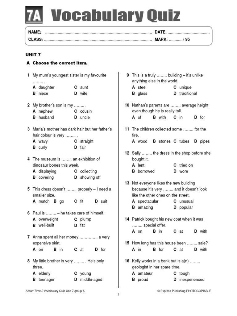 2 Smart Time 2 Vocab Quiz 7a | PDF