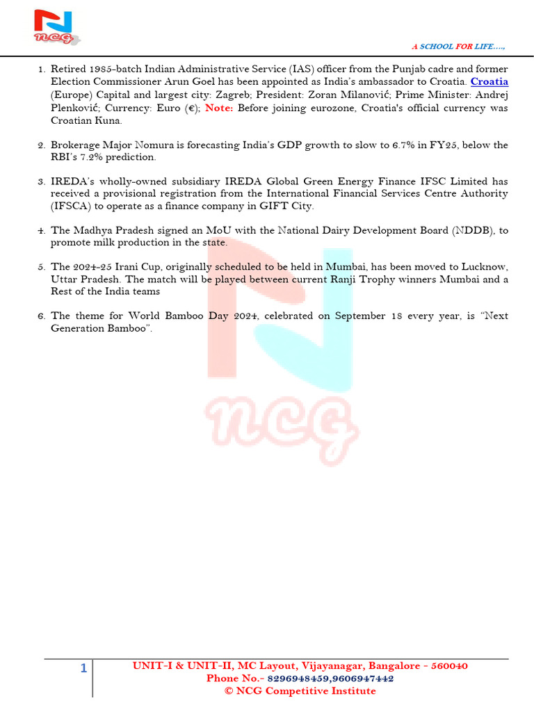 One Liner Current Affairs, 23 September 2024, English | PDF | Finance ...
