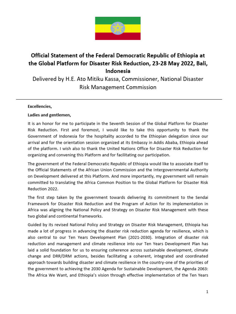 Offical Statement-Ethiopia-GP2022 (2) NEW | PDF | Disaster Risk ...