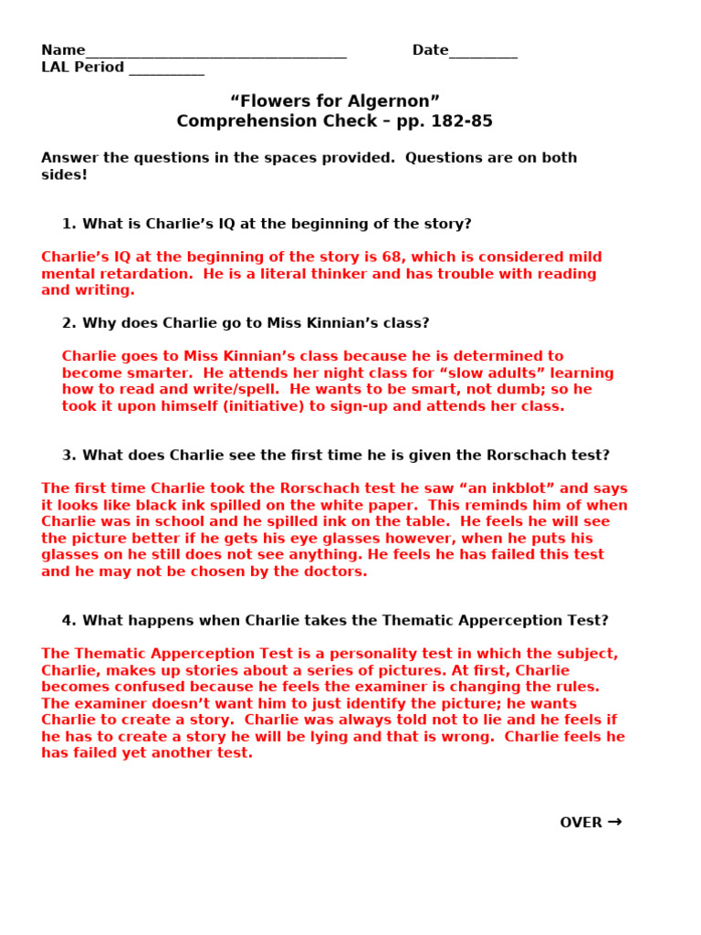 Flowers For Algernon Comp. Questions p.182-85 Answer Key | PDF