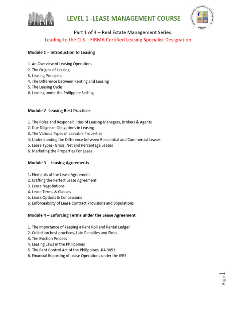 Level 1 - Lease Management Course Outline | PDF | Lease