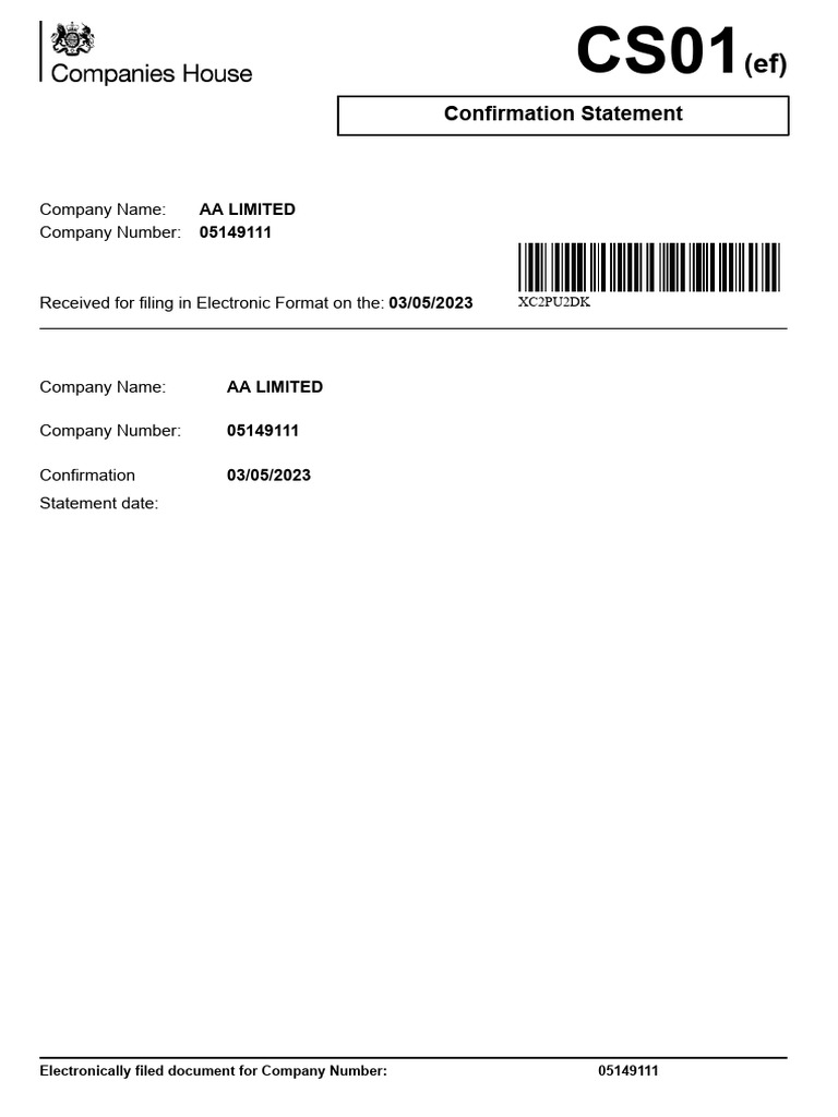Confirmation Statement: Aa Limited 05149111 | PDF