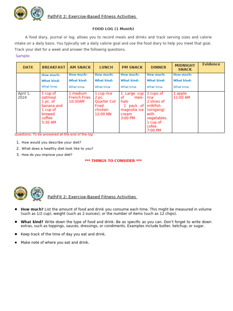 Pathfit Food Log 1 Month | PDF | Dieting | French Fries