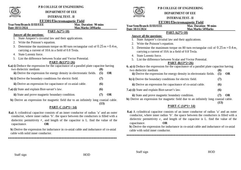 Electromagnetic Field (EE3301) Internal 2 | PDF | Coaxial Cable | Capacitance